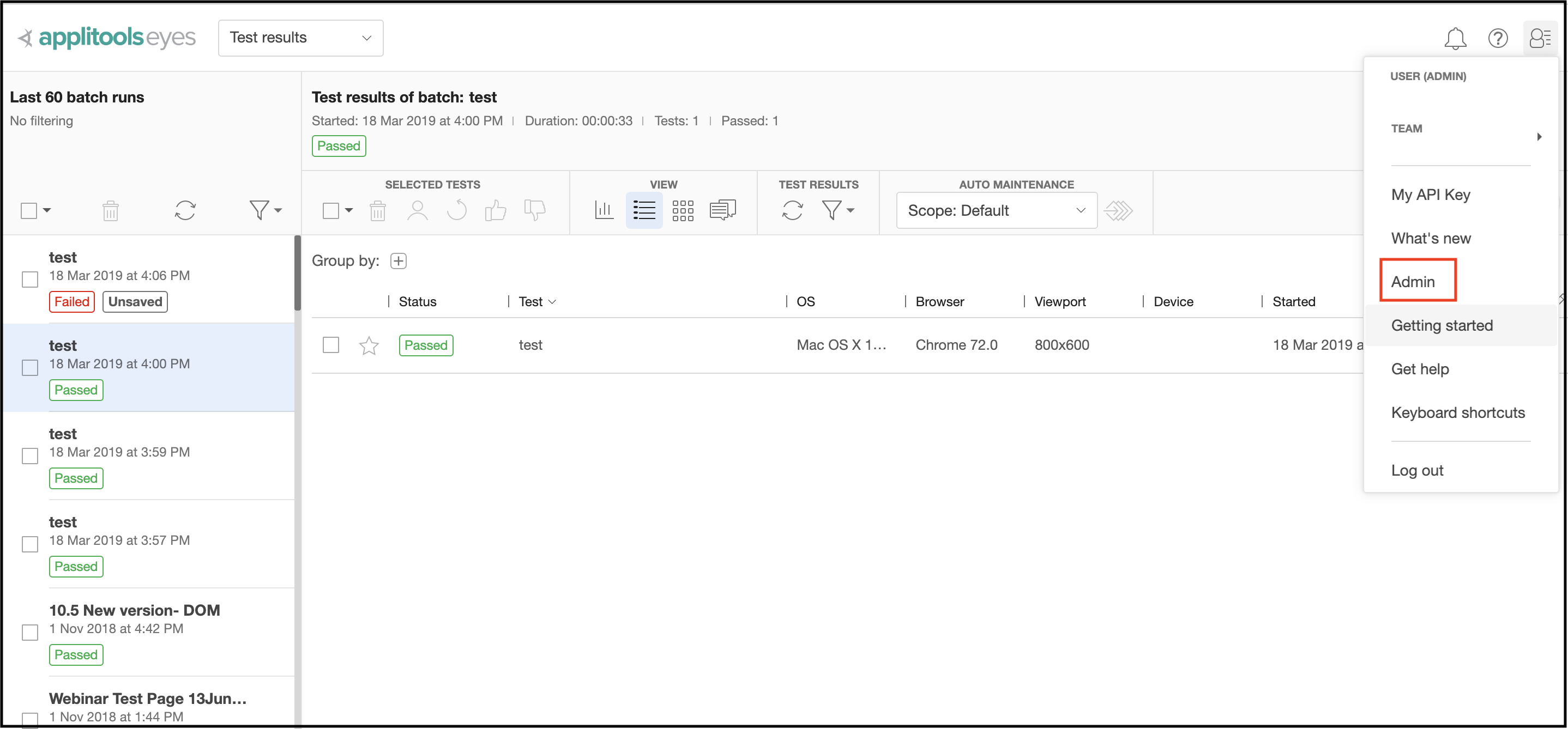 Admin panel – Applitools